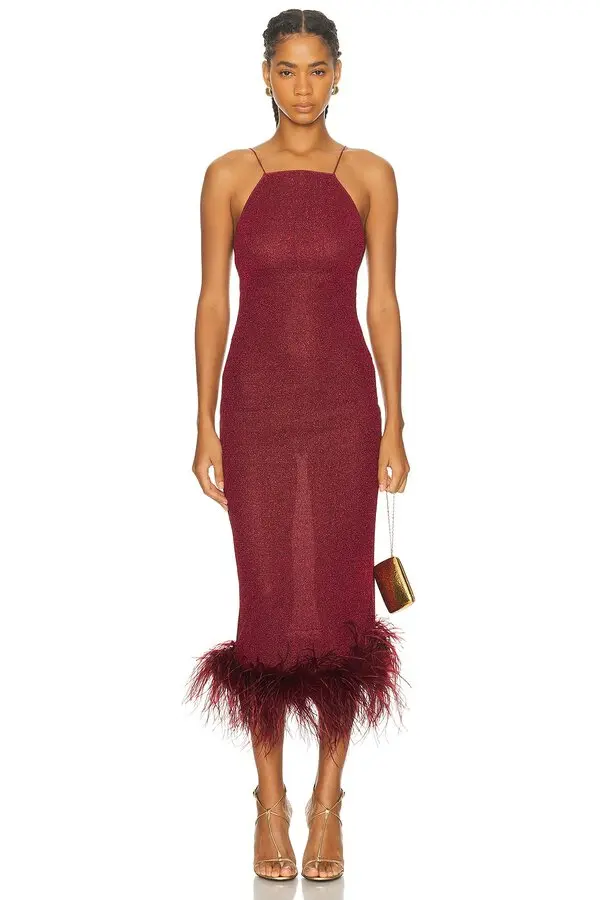 Oseree Lumiere Plumage Long Dress - Burgundy