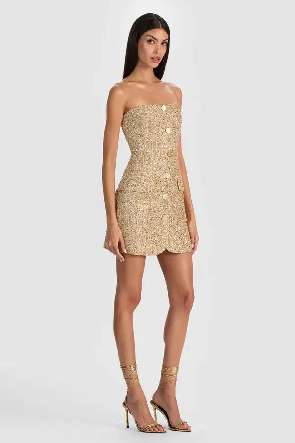 slim fit dress slacks GLISTENIN IN GOLD BLAZER DRESS – AKIRA main image 1