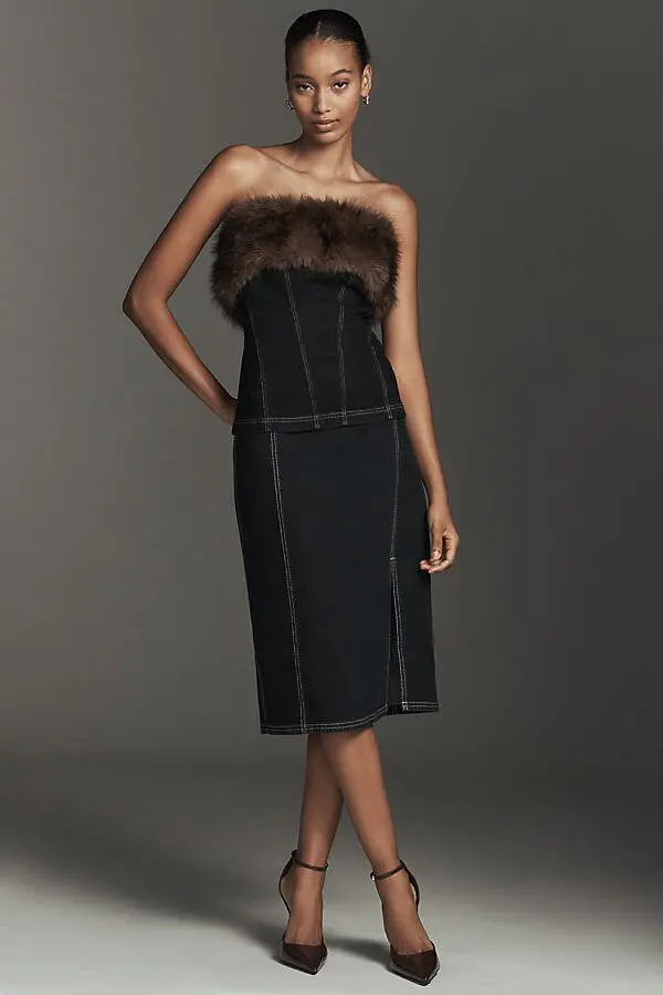 PILCRO Seamed Side-slit Denim Midi Skirt