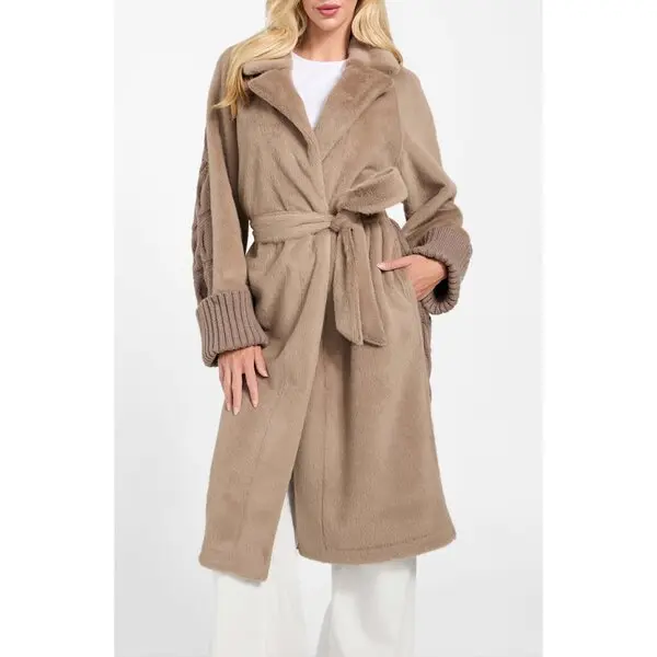 Guess Lucrezia Faux Fur & Cable Knit Coat - Rust