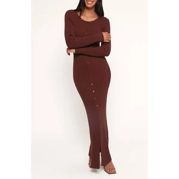 PETAL & PUP Long Sleeve Rib Knit Maxi Dress - Chocolate