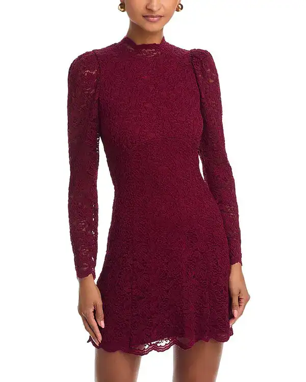 Aqua Lace Mock Neck Dress - Exclusive - Dark Cherry - XXS