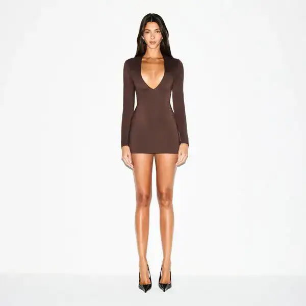 SKIMS Deep Plunge Mini Dress - Espresso | Editorialist