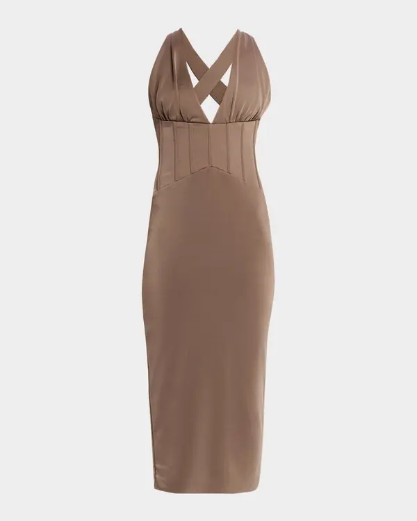 Rebecca Vallance Mischa Deep V-neck Corset Midi Dress