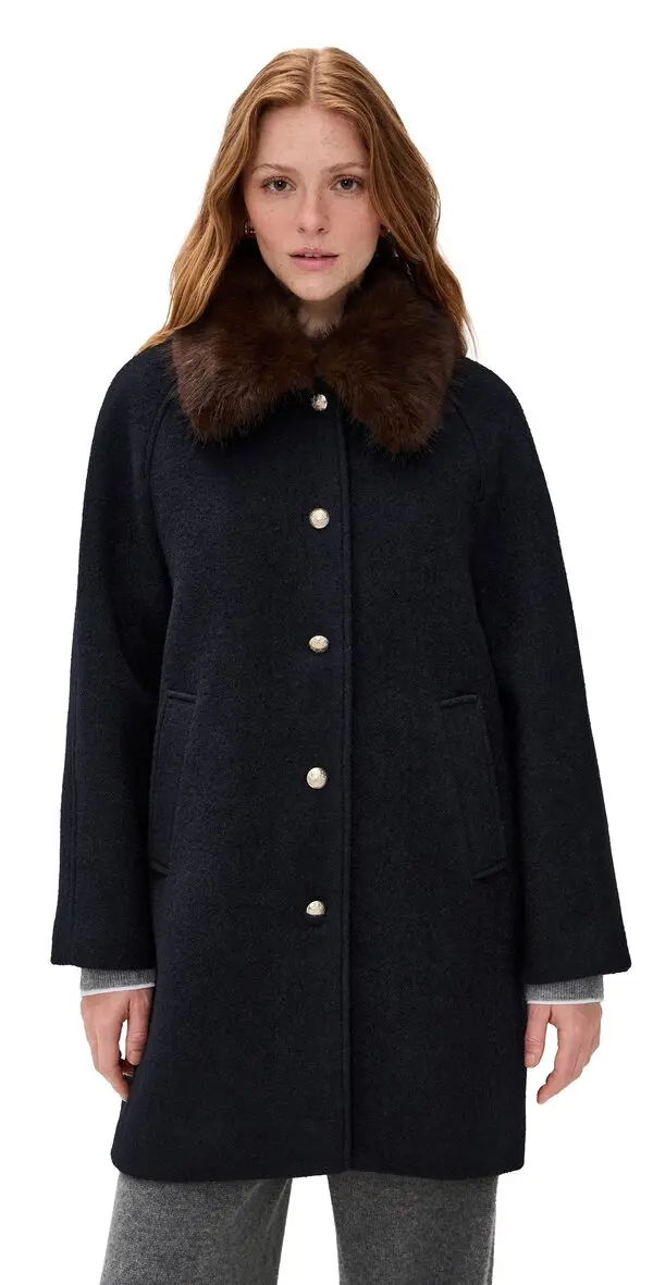 DUNST Boucle Wool Half Coat With Faux Fur Collar - Dark Navy