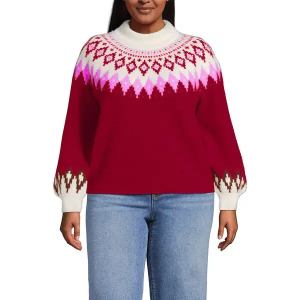 LANDS' END Fuzzy Turtleneck Lantern Sleeve Sweater - Rich Red Fairisle