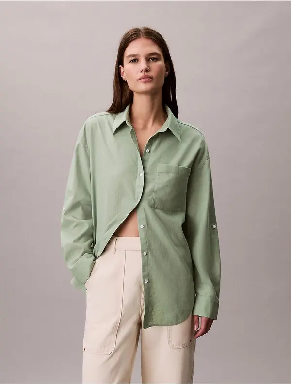 Calvin Klein Linen And Cotton Roll-tab Shirt - Basil