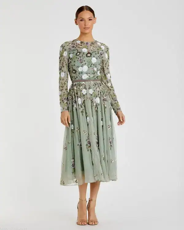 Mac Duggal Sequined Floral Long Sleeve High Neck Midi Dress - Green |  Editorialist