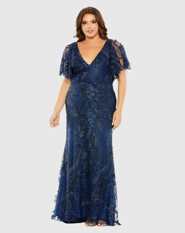 Mac Duggal V-neck Flutter Sleeve Embellished Gown