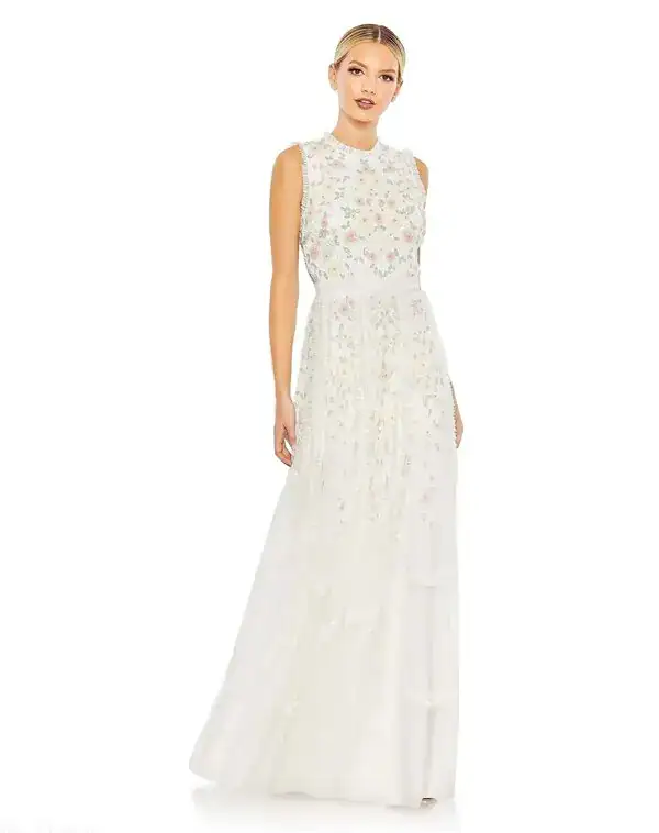 mac duggal white beaded dress White Beaded Cuff Drop Shoulder Faux Wrap Gown