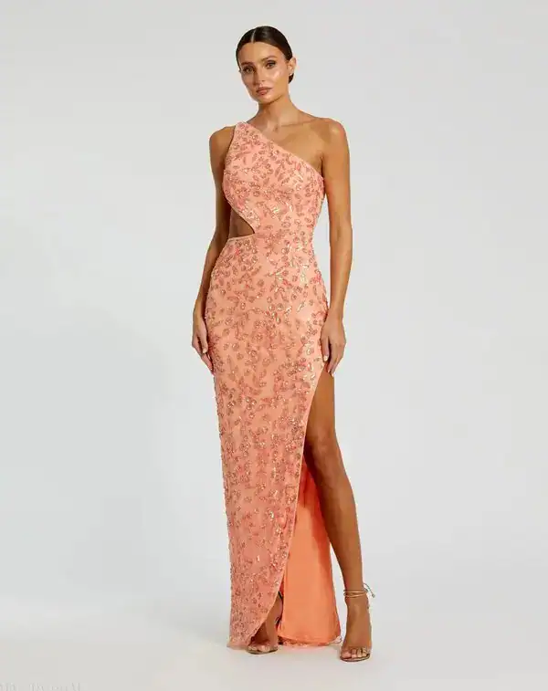 Mac Duggal One-shoulder Embellished Gown With Slit - Pink | Editorialist