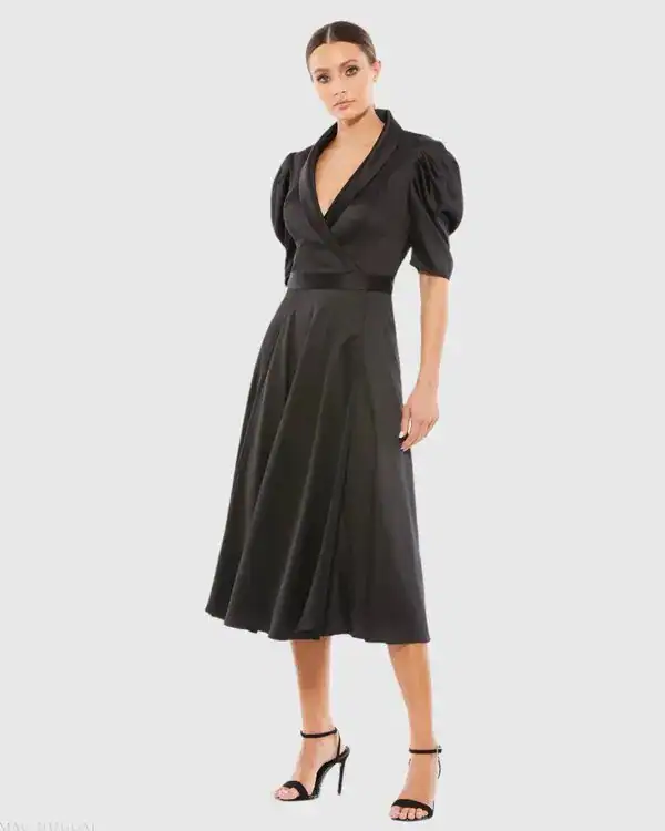 Mac Duggal Satin Lapel Tea Length Dress - Black | Editorialist