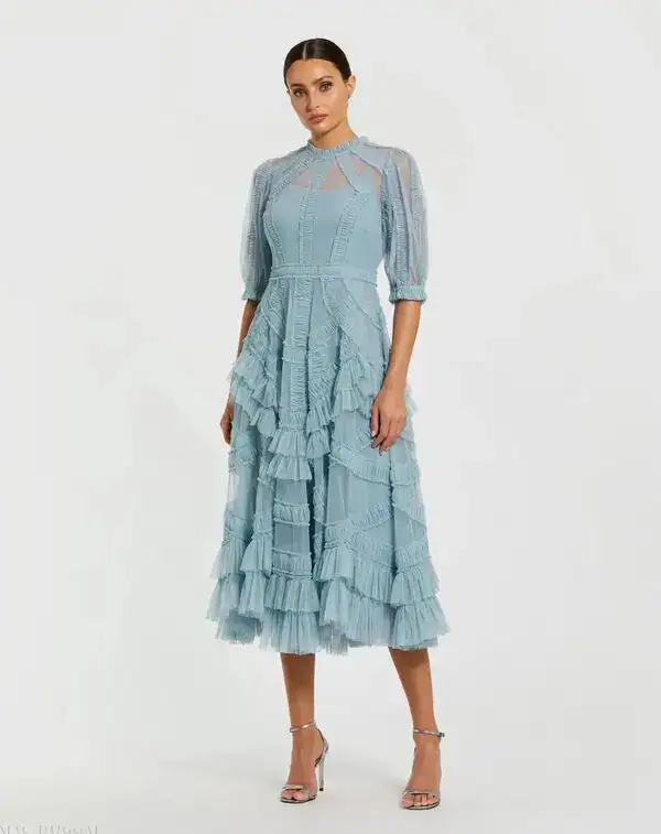 Mac Duggal - Blue High Neck Ruffle Tiered A-Line Midi Dress - US 6