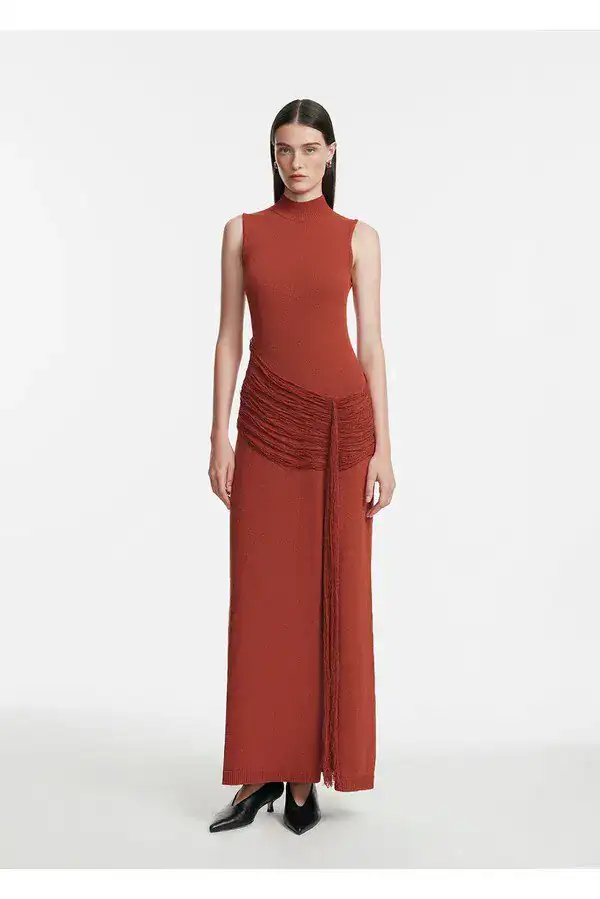 Lela Rose Fringe Detail Knit Mock Neck Dress - Pink