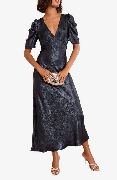 FRIENDS LIKE THESE Foil Puff Sleeve Midi Cocktail Dress - Blue