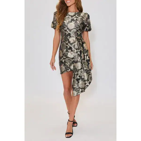 Vici Floral Brocade Pleated Drape Mini Dress - Black/Gold | Editorialist