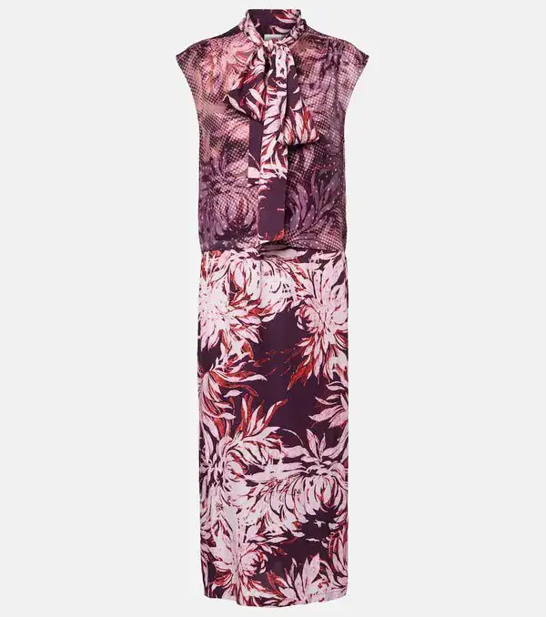Dries Van Noten Tie-Neck Floral-Print Satin Midi Dress - Burgundy |  Editorialist