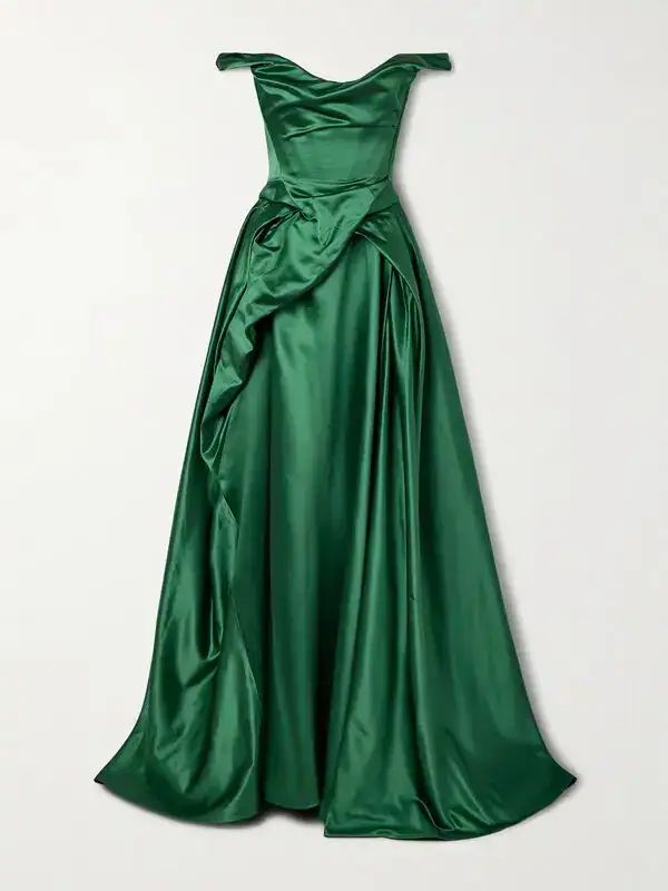 Vivienne Westwood Tabitha Off-The-Shoulder Duchesse Silk-Satin Gown - Green  - 40% Off | Editorialist