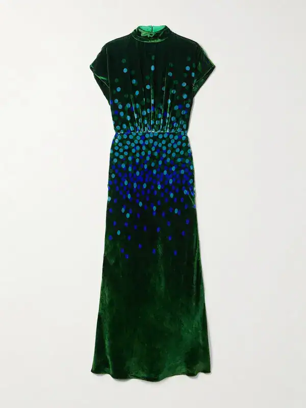 Saloni Fabienne Gathered Velvet Midi Dress - Green | Editorialist