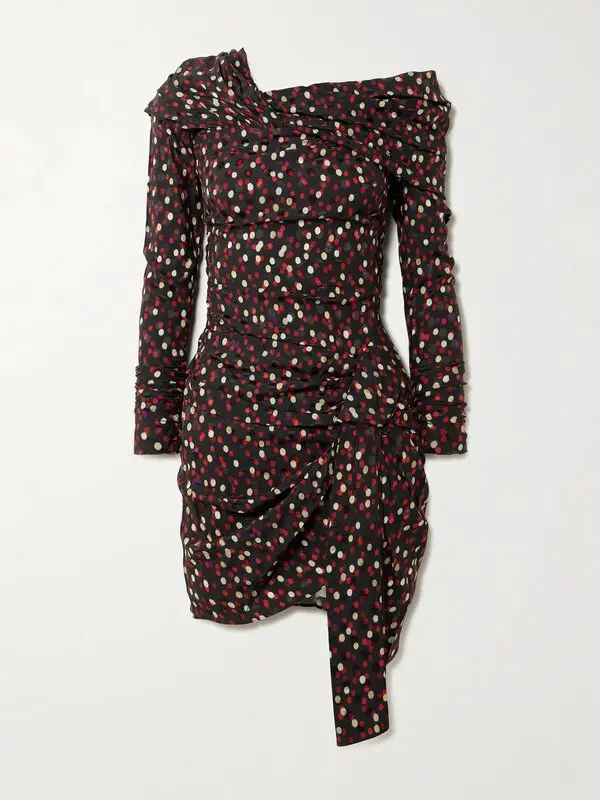 Isabel Marant Elara Asymmetric Draped Polka-dot Stretch-silk Dress - Burgundy