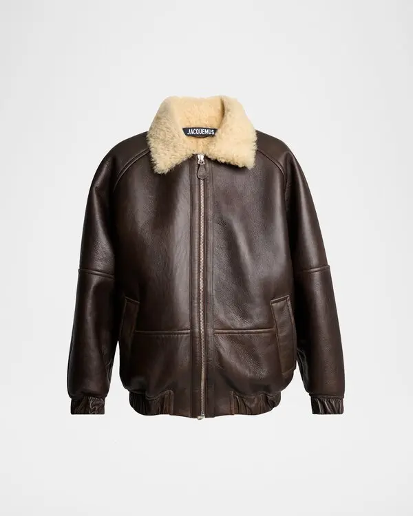 Jacquemus Leather And Shearling Bomber Jacket - Dark Brown