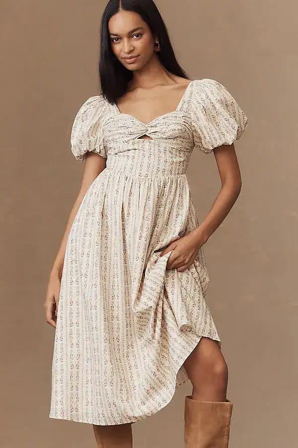 knee length dresses for ladies Quintella Neutral Floral Crystal Midi Dress, XL / Neutrals main image 0