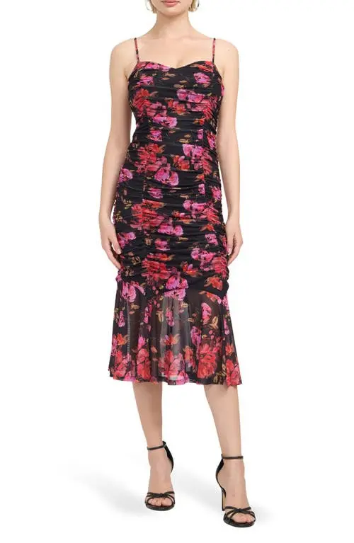 Guess Cordelia Floral Ruched Stretch-mesh Cocktail Dress - Dark Blooms