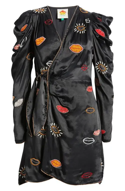 Farm Rio Beaded Kisses Wrap Mini Dress - Black