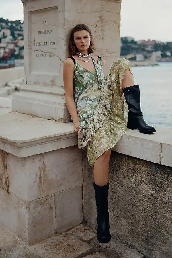 Anthropologie Tie-Back Ruffle-Hem Midi Dress - Green Floral | Editorialist