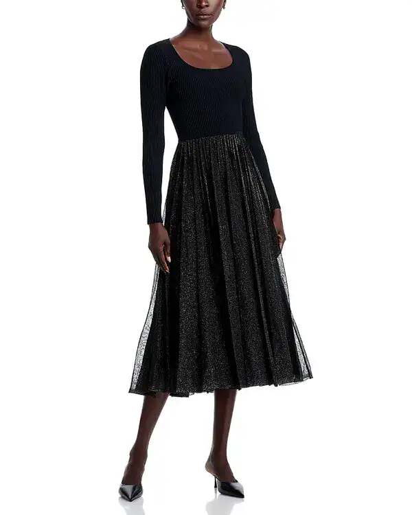 Tahari The Angelique Mixed Media Midi Dress - Noir With Gold Lurex - L