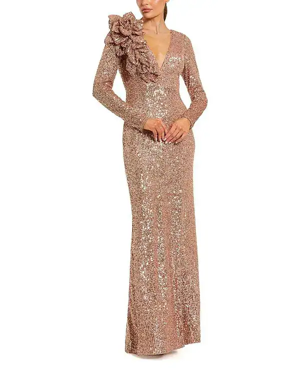 Mac Duggal V-Neck Long Sleeve 3d Floral Sequin Gown In Copper | Editorialist