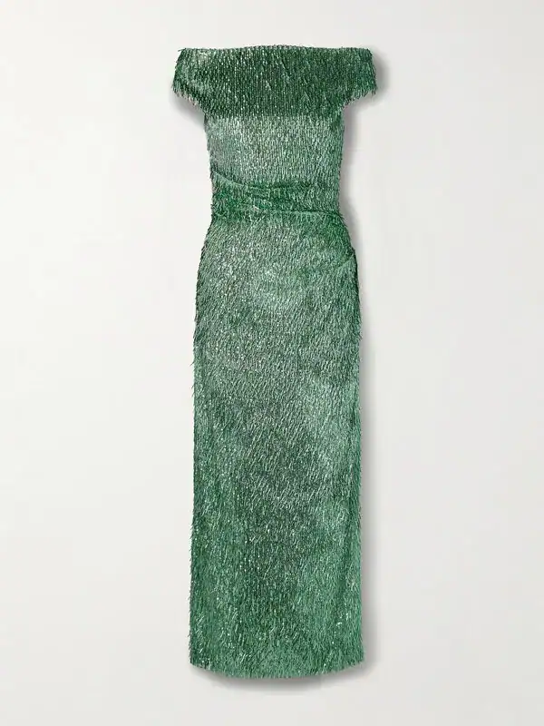 Erdem Off-the-shoulder Draped Embellished Tulle Midi Dress - Green