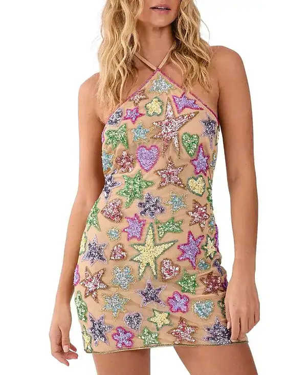 Nasty Gal Women's Embellished Halter Neck Mini Dress - Nude