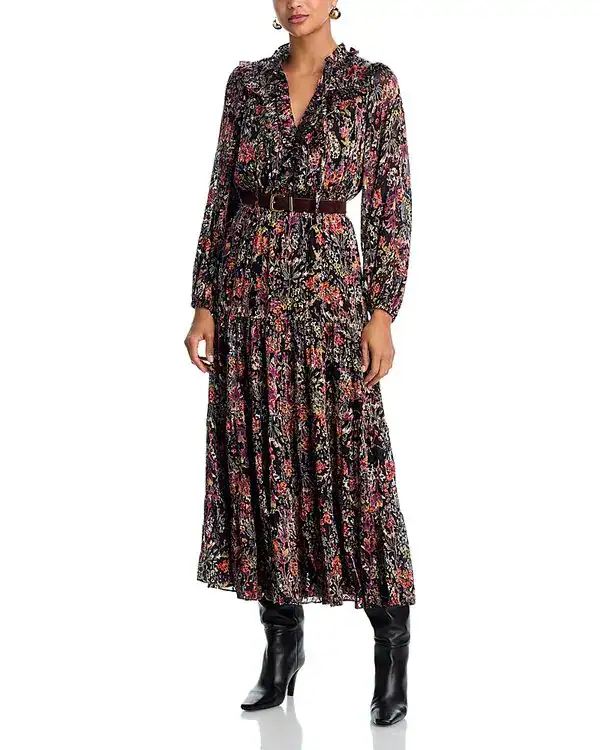 aqua black floral dress Maxi Floral Dress with Ruffle Skirt
