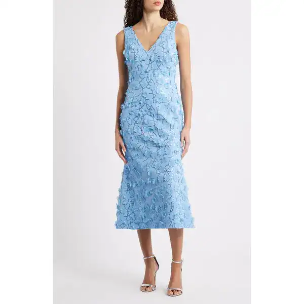 Eliza J Sequin Floral Appliqu Cocktail Midi Dress - Lake | Editorialist