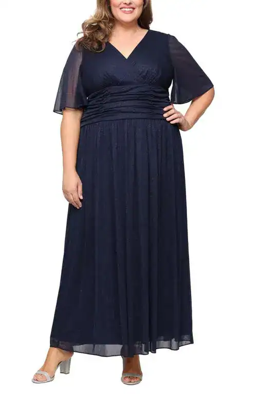 Sl Fashions Glitter Flutter Sleeve Gown In Navy | Editorialist