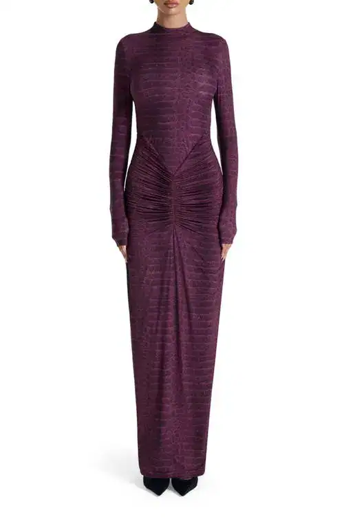 Naked Wardrobe Long-Sleeve Snakeskin Print Ruched Dress In Dark Plum  Crocodile - 25% Off | Editorialist