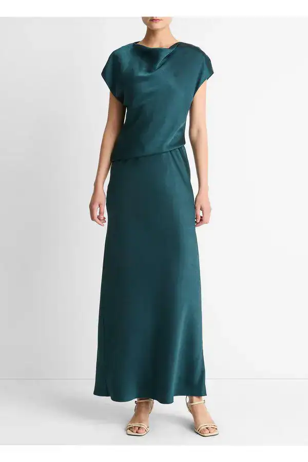 Vince Draped Satin Cowl-Neck Dress In Juniper, Size S