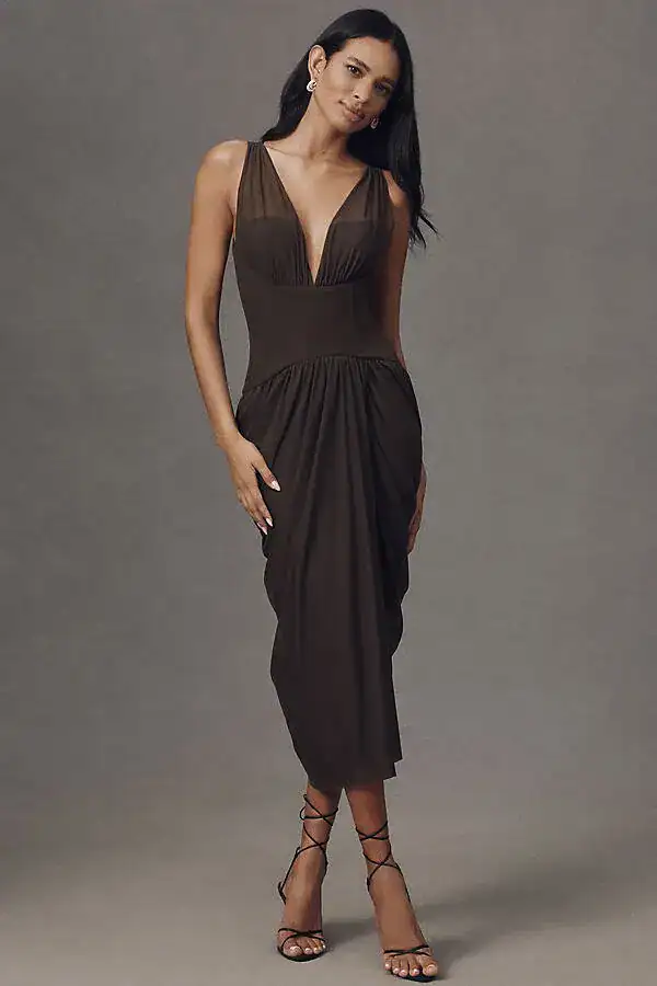 deep v brown dress VISIONS LACE DEEP V MAXI DRESS | CHOCOLATE POLKA DOT | THIRD FORM | Women's  Australian Fashion — THIRD FORM