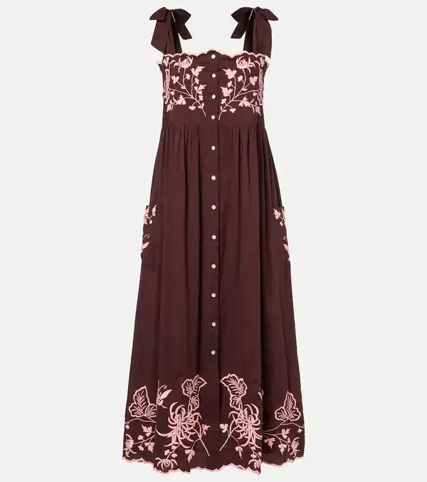 JULIET DUNN Embroidered Cotton Midi Dress - Burgundy | Editorialist