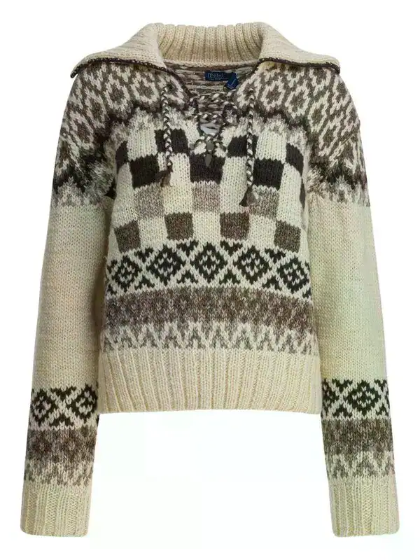 トップス POLO RALPH LAUREN wool patterned sweater Polo Ralph Lauren Patterned Lace-Up Wool Sweater - Neutrals