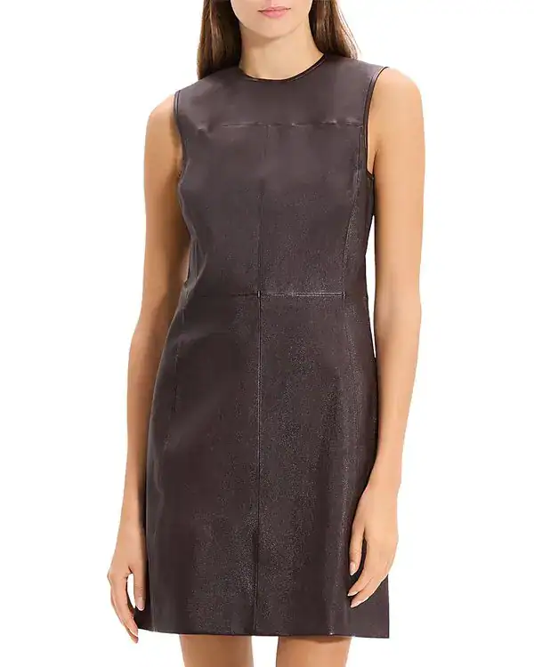 Theory Sleeveless Leather Mini Dress - Plum Brown - 60% Off | Editorialist