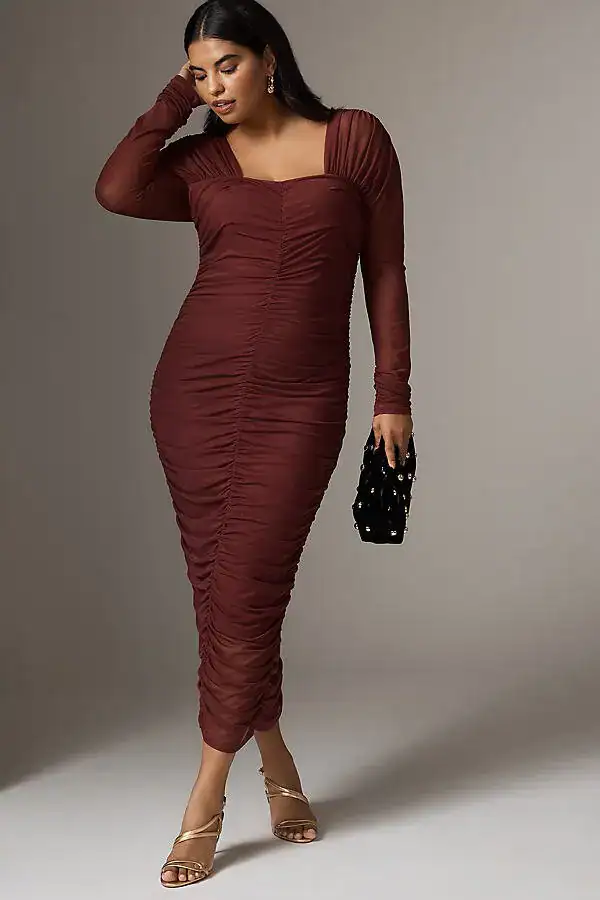 princess polly baby blue dress Plus Size Metallic Ruched Shirt Dress- Burgundy 1x / Burgundy at Curvy Sense main image 0