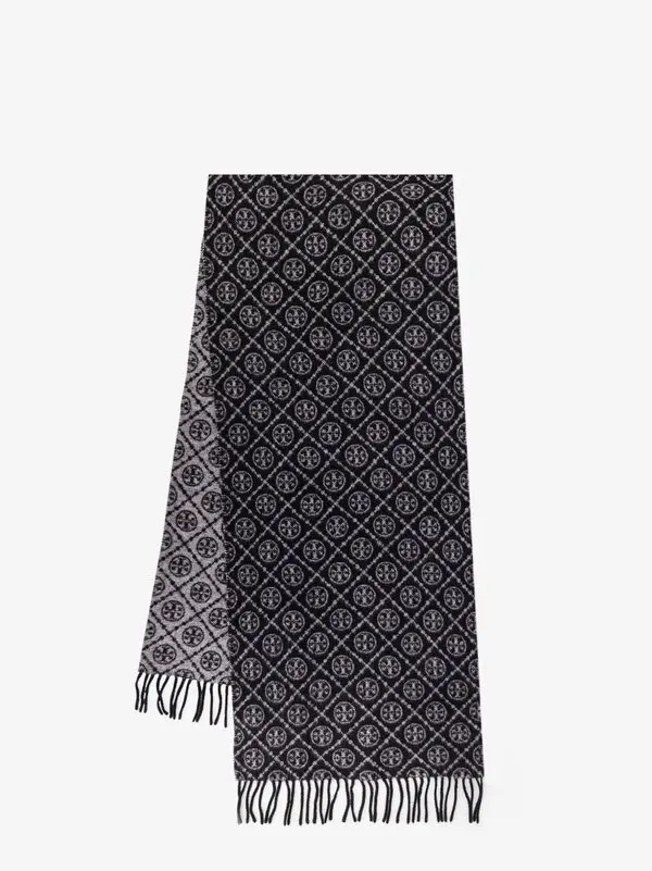 Tory Burch T Monogram Oblong Wool And Cashmere Scarf - Black | Editorialist