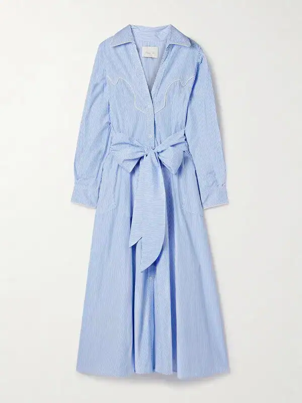 Johanna Ortiz Vela De Cruz Belted Embroidered Striped Poplin Midi Shirt  Dress - Blue | Editorialist