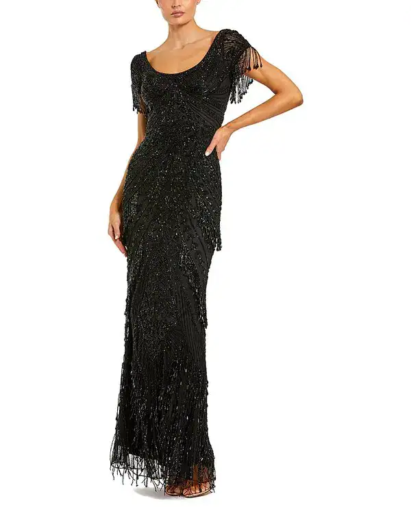 Mac Duggal - Black Cap Sleeve Beaded Fringe Column Gown - Black / US 2