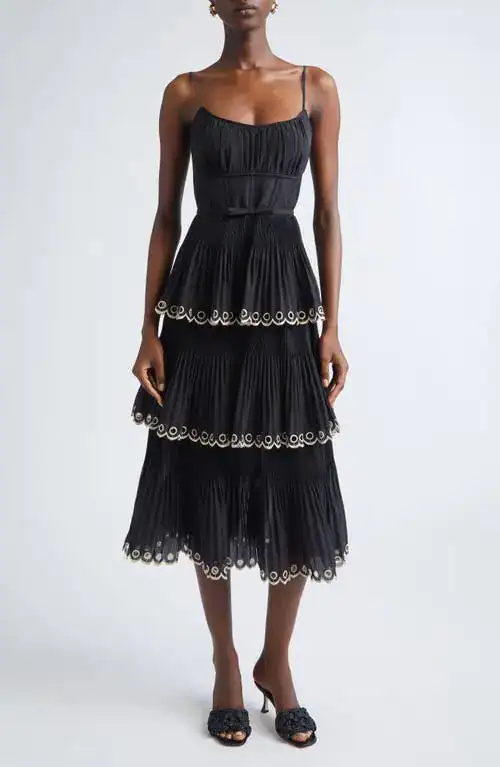 Zimmermann Scalloped Eyelet Trim Tiered Midi Dress - Black | Editorialist