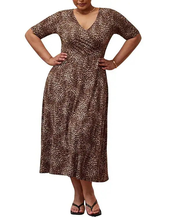 plus size brown wrap dress Plus Size Leaf Print Faux Wrap Dress main image 0