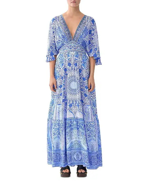 Camilla V Neck Silk Maxi Dress - The Bosphorus