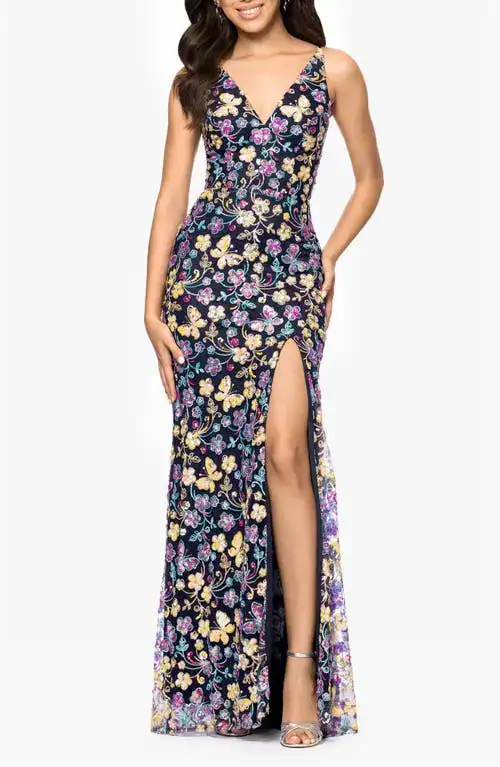 Blondie Nites Butterfly Sequin Sleeveless Gown - Navy/Multi | Editorialist